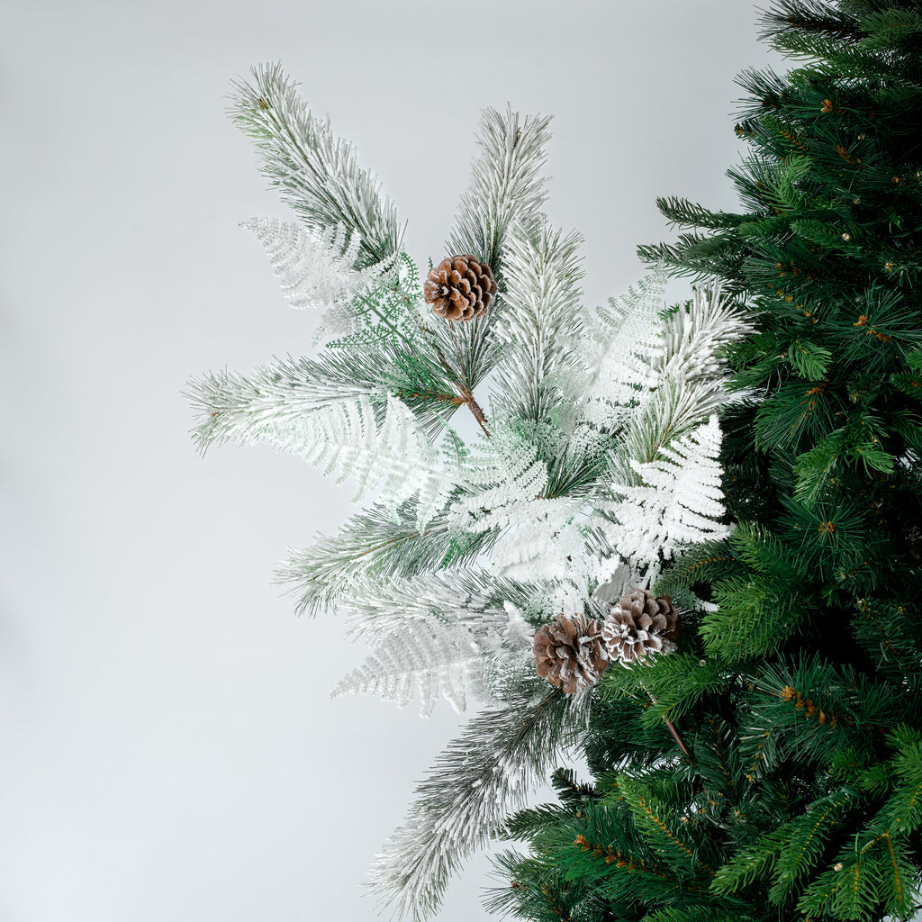 Flocked Festive Foliage Tree Pick with Pinecones – Joy By