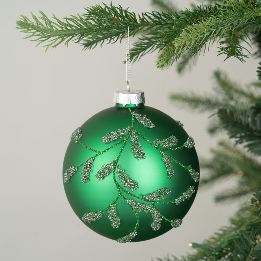 Green Ball Ornament with Beaded Leaf Motif – Joy By
