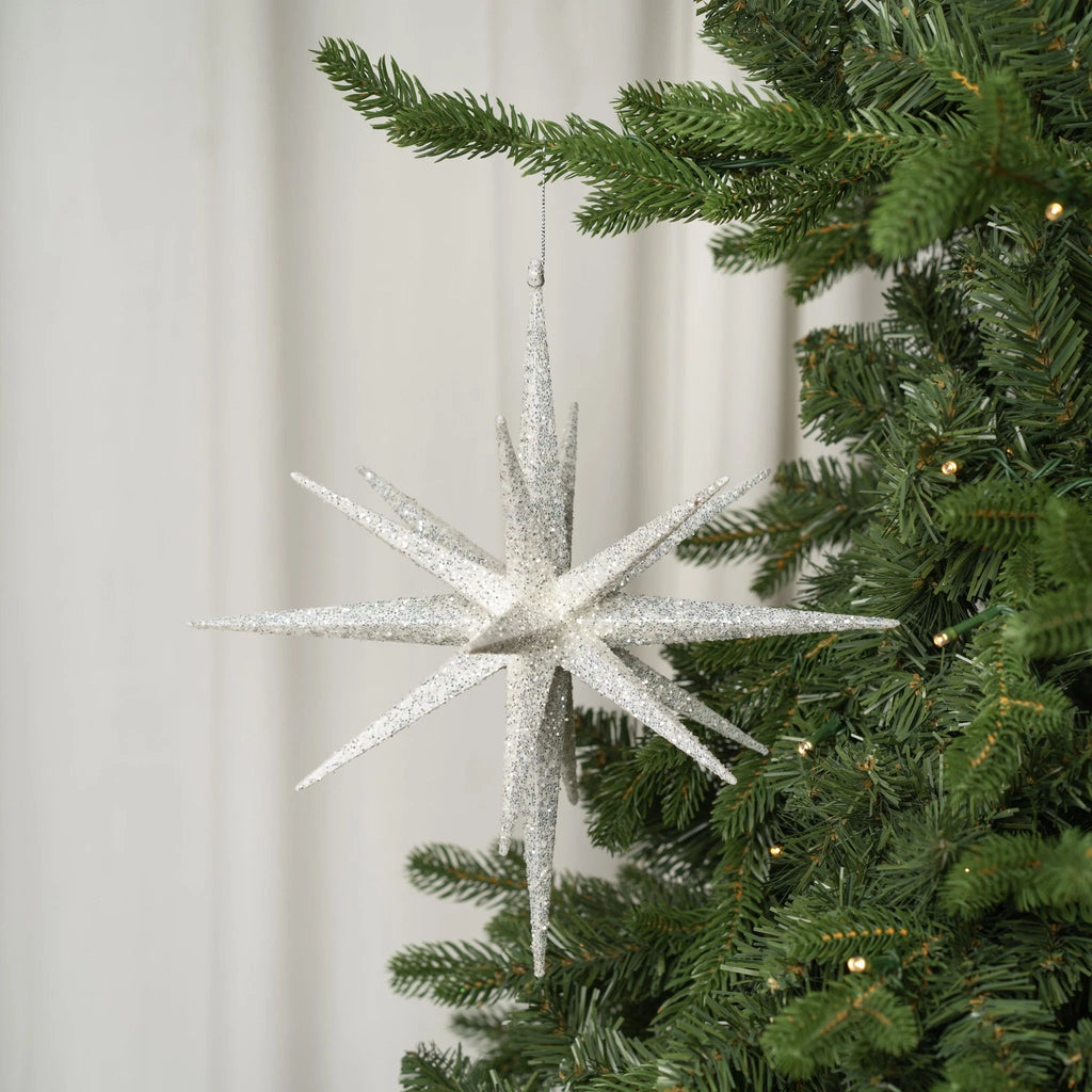 Silver 11-Point Star Ornament with White Glitter by Joy By|Christmas ...